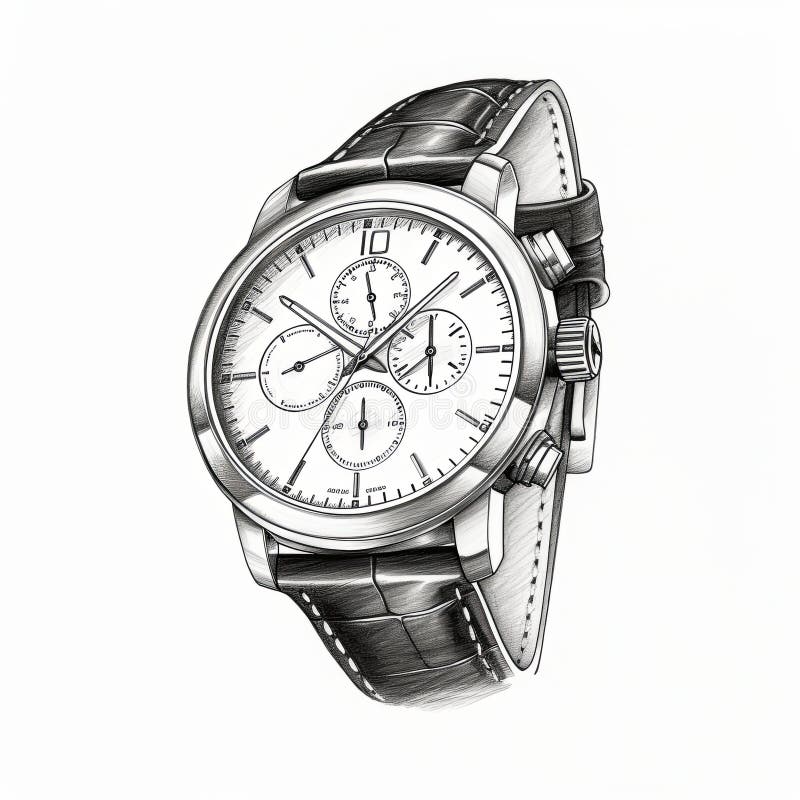 Black and White Sketch of a Wristwatch with a White Dial and a Black ...