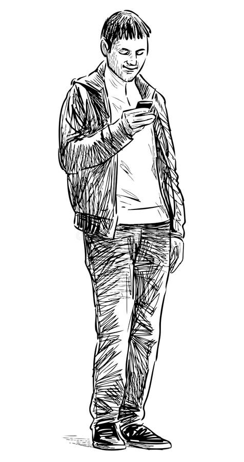 Sketch of Young Citizen Standing Outdoors and Looking at Smartphone ...