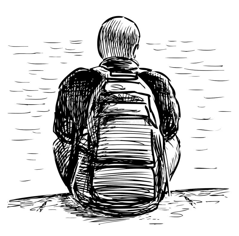 Sketch of Young Man with Backpack Sitting on River Embankment for ...