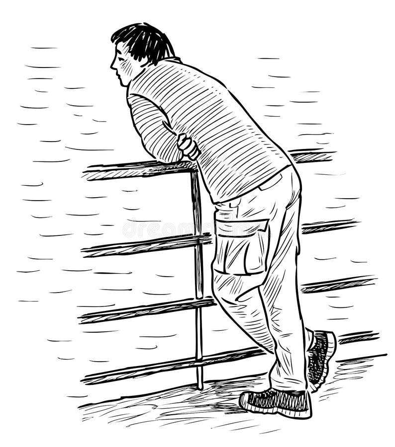 Sketch of Young Man Standing on River Embankment in Thought Stock ...