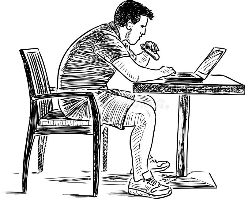 Sketch of a Young Man Working on His Laptop Stock Vector - Illustration ...