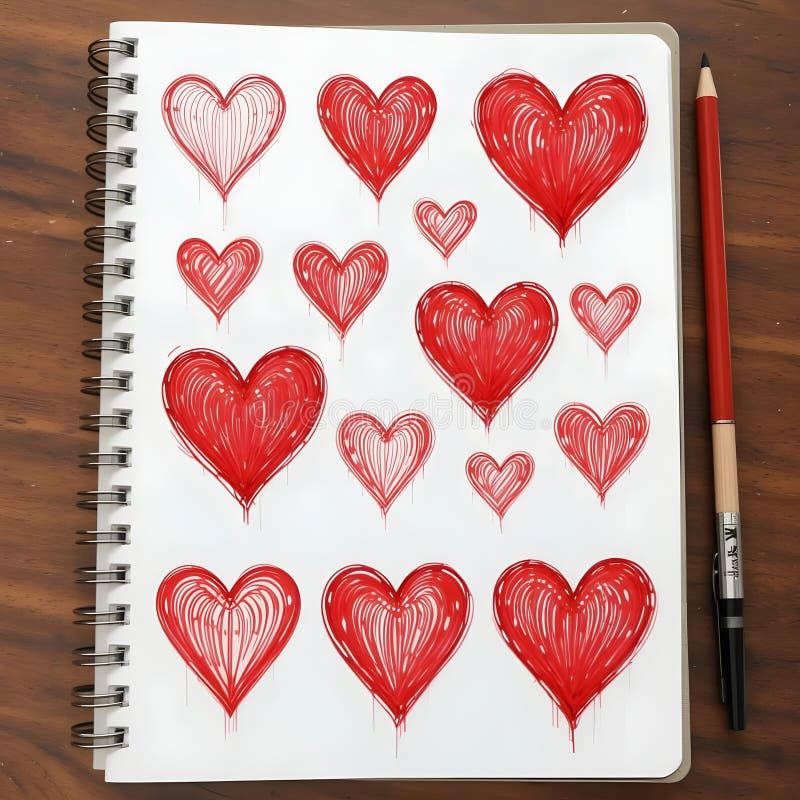 Creative Hand-Drawn Red Heart Sketches with Melting Effect on Wooden ...