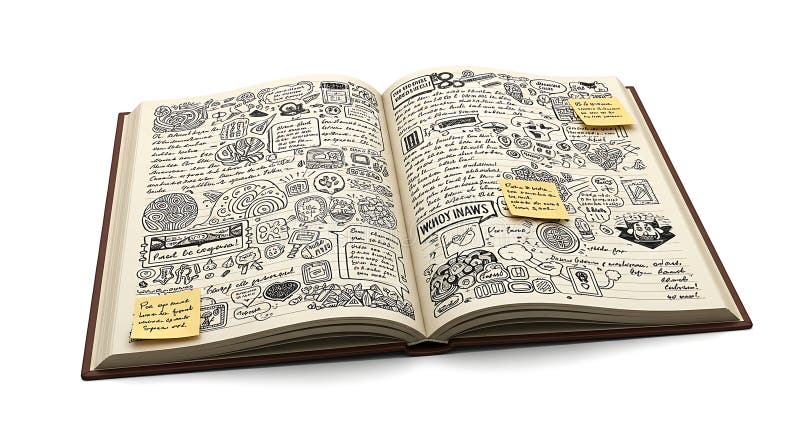 Open Sketchbook Filled with Doodles and Notes with Sticky Notes ...
