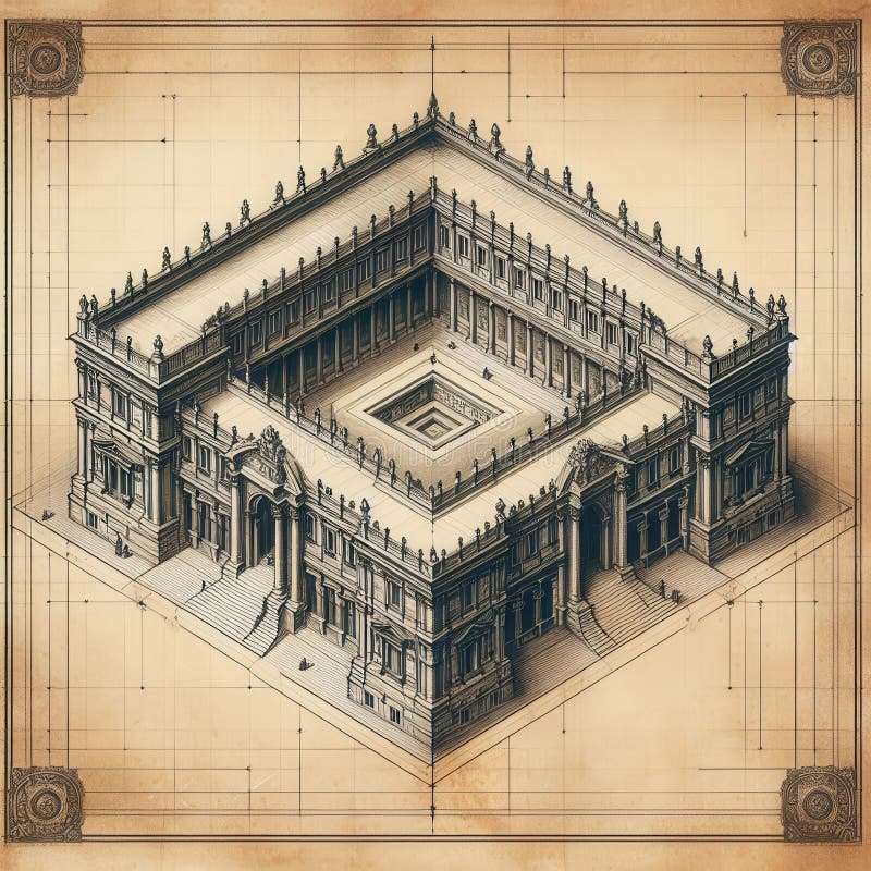 Elegant Renaissance Architecture Draft with Columns Stock Illustration ...