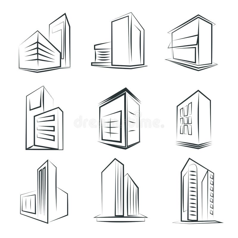 Sketched building icons stock illustration. Illustration of black ...