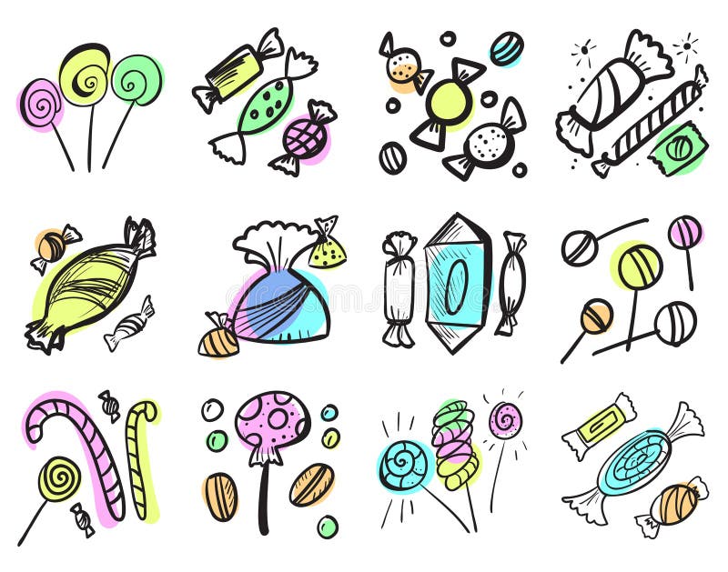 Sketched Candy Set, Engraved Doodle Design Elements Collection Stock ...