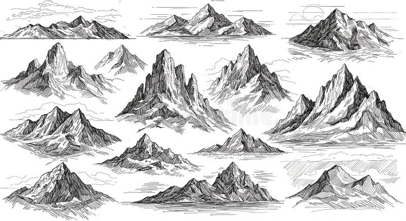 Sketched Collection of Varied Mountain Peaks, Each Uniquely Drawn with ...