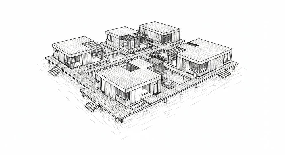 Sketched Design of a Modular, Floating Housing Complex Featuring ...