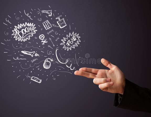 Sketched Explosives Coming Out of Gun Shaped Hands Stock Image - Image ...