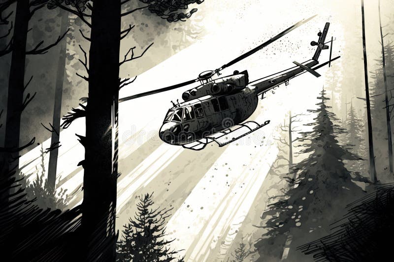 Sketched Helicopter Flying Over Forest, with Rays of Sunlight Shining ...