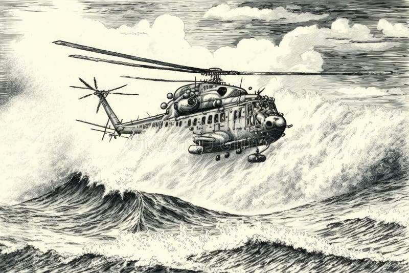 Sketched Helicopter Flying Over the Ocean, with Waves Crashing Below ...