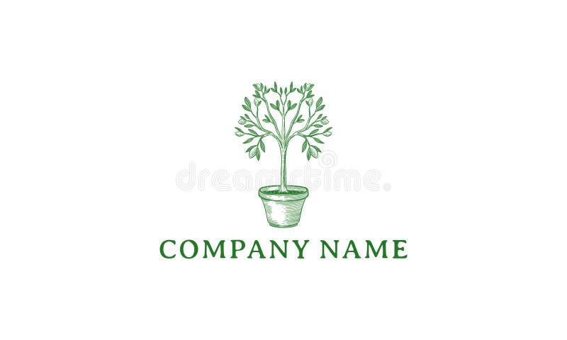 A Sketched Image of a Potted Tree Logo with Greenery Stock Illustration ...
