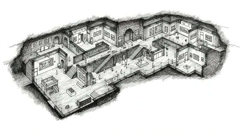 Sketched Isometric Drawing of a Museum Interior, Featuring Multiple ...