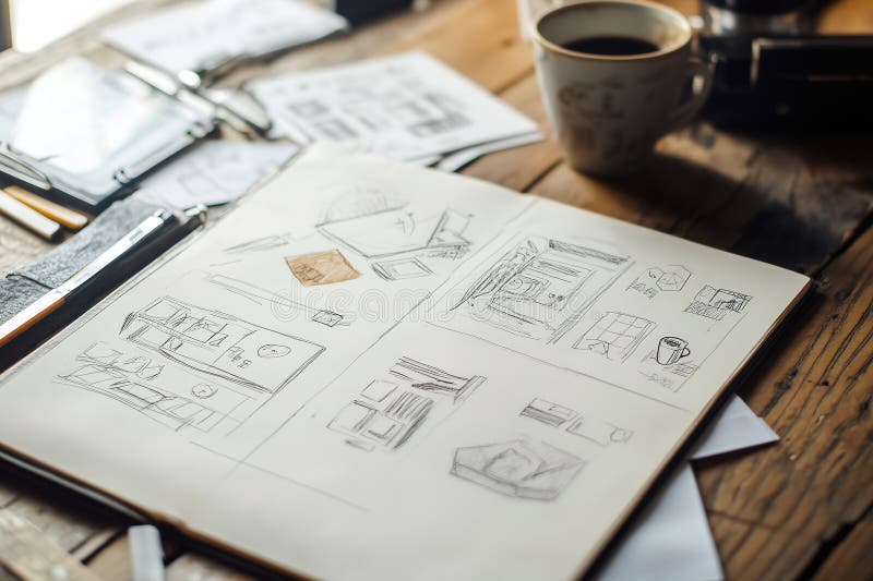 Sketches and Notes on a Wooden Table with a Coffee Cup, Showcasing ...