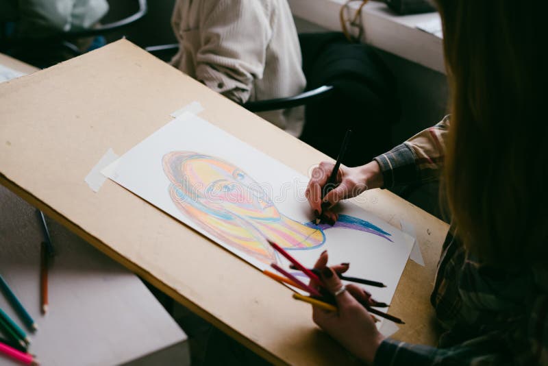 Sketching with a Colored Pencil. Drawing. Selective Focus Stock Photo ...