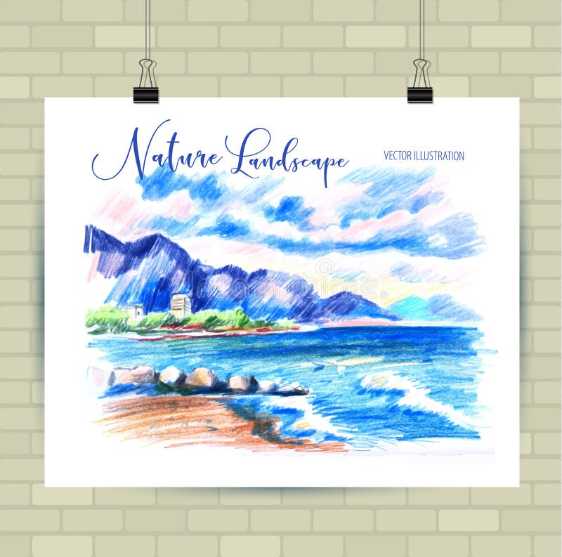 Sketching Illustration in Vector Format. Poster with Beautiful Seascape ...