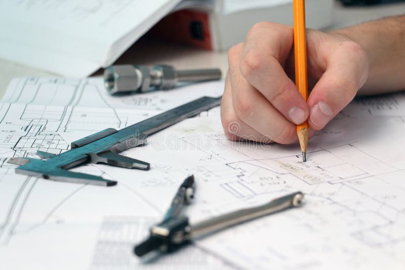Sketching on the Mechanical Engineer`s Desktop Stock Image - Image of ...