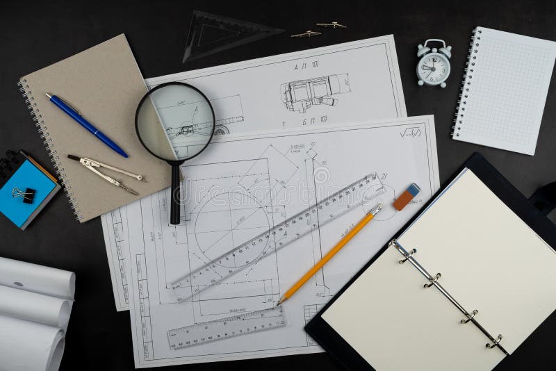 Sketching Supplies. Work Desk for Architect, Designer, Engineer. Ruler ...