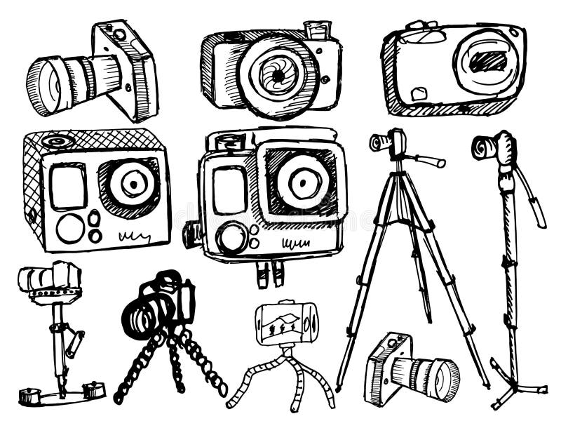 Sketchy Cameras on White Background. Stock Vector - Illustration of ...