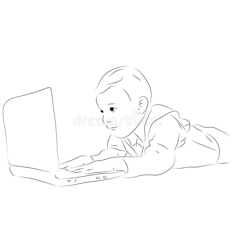 Sketch of a Kid Using Computer Stock Illustration - Illustration of ...