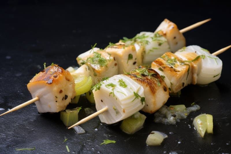 A Skewer with Alternately Placed Fish Cubes and Onion Chunks Stock ...