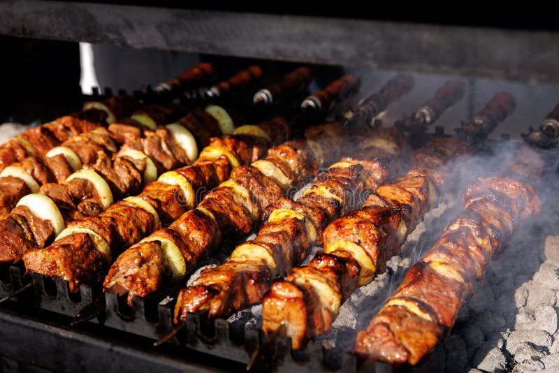 Skewered Meat Cook Over Hot Coals. Stock Photo - Image of background ...