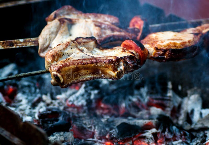 Skewers fire-roasted meat stock image. Image of natural - 75513357