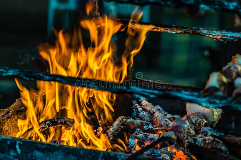 Skewers of fish on fire stock image. Image of cooking - 196890173