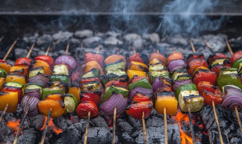 Skewers of Mixed Meat and Vegetables on a Grill Stock Image - Image of ...