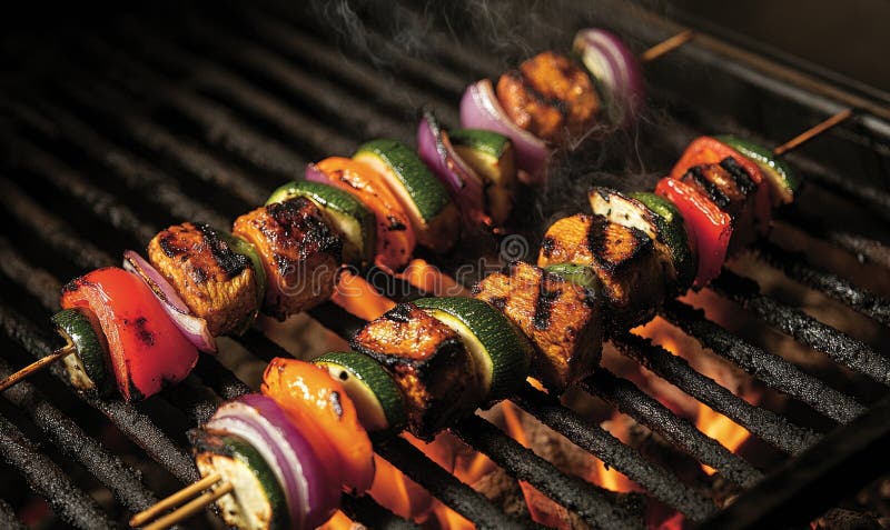 Skewers of Mixed Meat and Vegetables on a Grill Stock Image - Image of ...