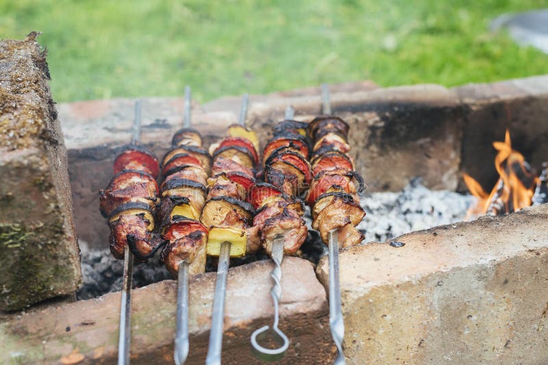 Skewers of Pork, Cooked on the Bricks Stock Image - Image of shish ...