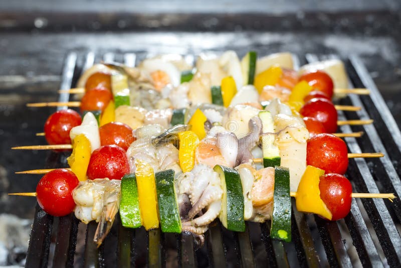 Skewers of Seafood Grilling Stock Image - Image of delicious, marinated ...
