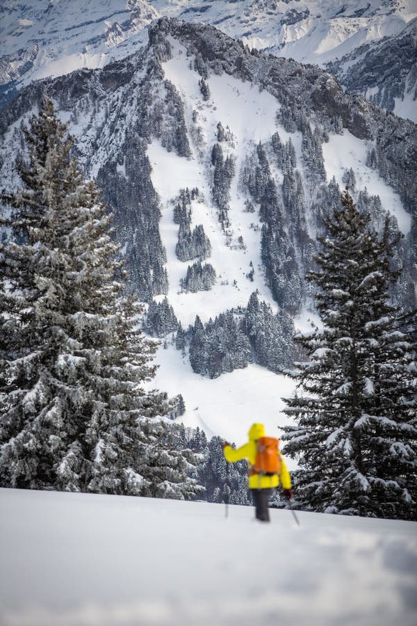 Ski-alpinist Walking through Alpine Landscape Stock Image - Image of ...