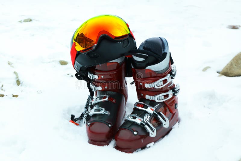Ski Boots with Ski Mask and Helmet Outdoor Stock Photo - Image of ...