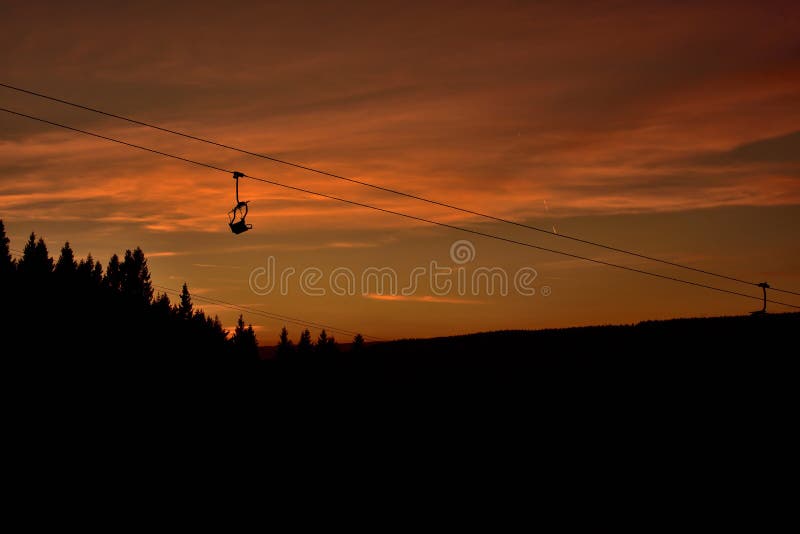 Ski Chair Lift in the Mountains at Red Sunset Stock Image - Image of ...