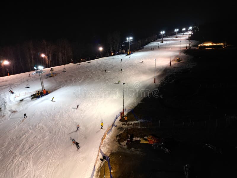 Ski Field at Night with Tourists Enjoying the Extreme Stock Image ...