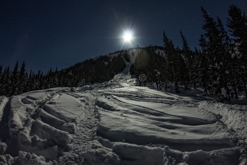 Ski Freeride Trail at Night in Moonlight Stock Photo - Image of sport ...