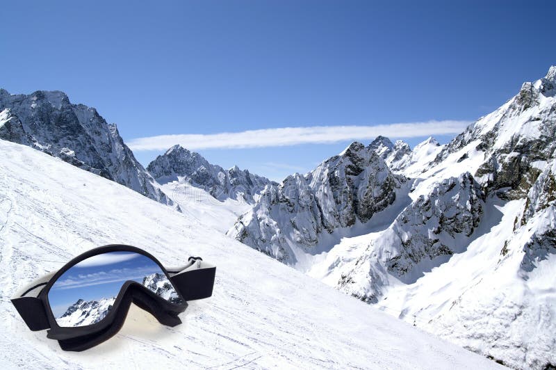 Ski Goggles with Reflection of Mountains Stock Photo - Image of face ...