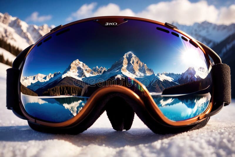 Ski Goggles with Reflection of Mountains. Winter Ski Theme Stock ...