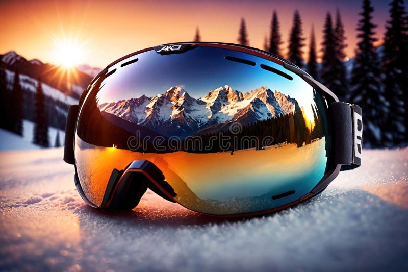Ski Goggles with Reflection of Mountains. Winter Ski Theme Stock ...
