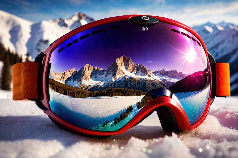 Ski Goggles with Reflection of Mountains. Winter Ski Theme Stock ...