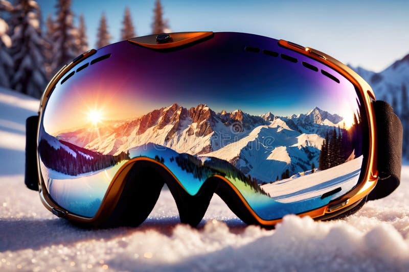 Ski Goggles with Reflection of Mountains. Winter Ski Theme Stock ...