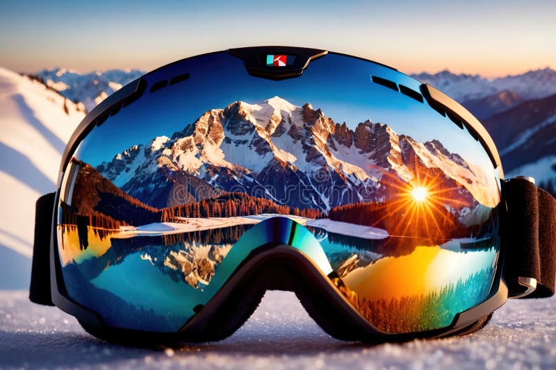 Ski Goggles with Reflection of Mountains. Winter Ski Theme Stock ...