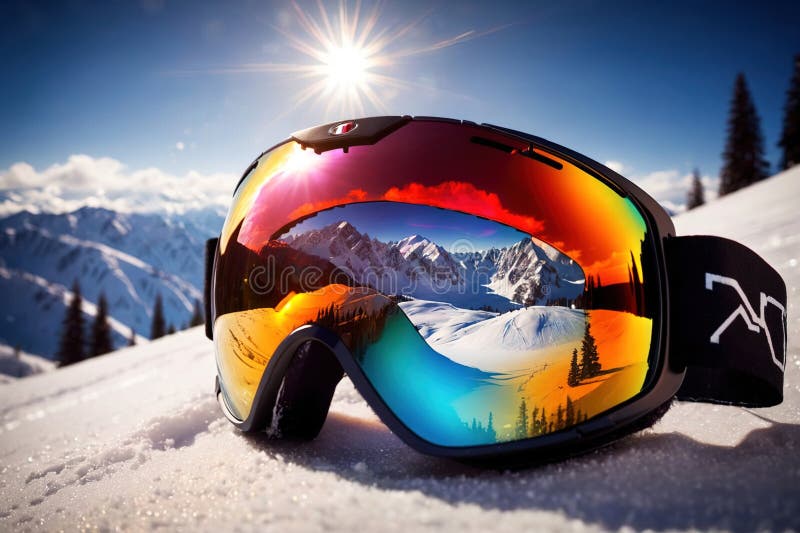 Ski Goggles with Reflection of Mountains. Winter Ski Theme Stock ...