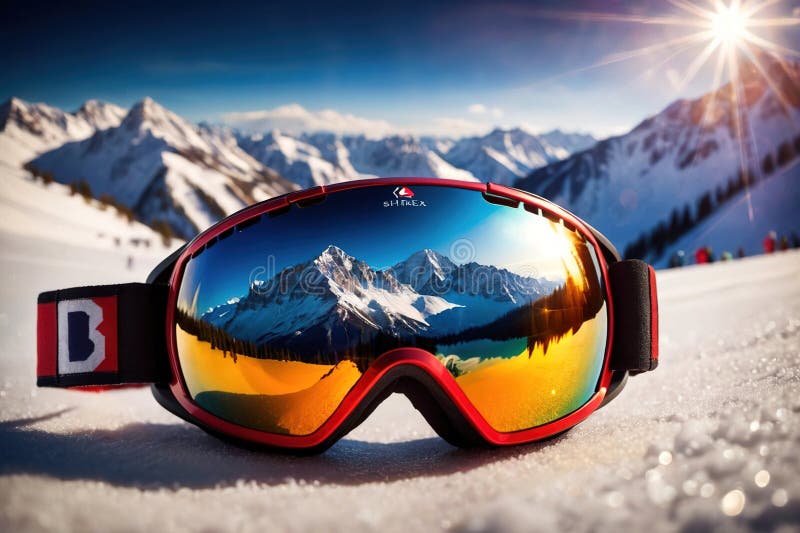 Ski Goggles with Reflection of Mountains. Winter Ski Theme Stock ...