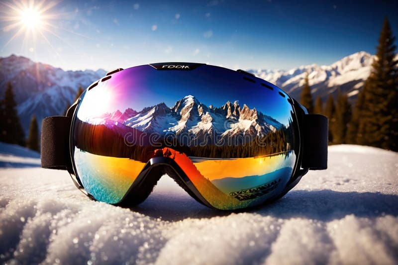 Ski Goggles with Reflection of Mountains. Winter Ski Theme Stock ...