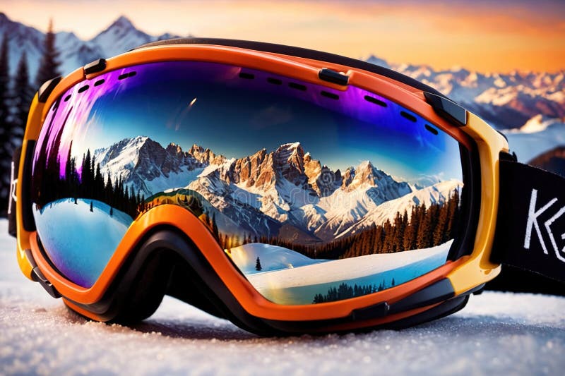 Ski Goggles with Reflection of Mountains. Winter Ski Theme Stock ...