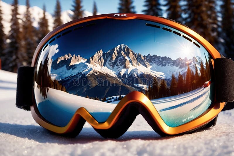Ski Goggles with Reflection of Mountains. Winter Ski Theme Stock ...