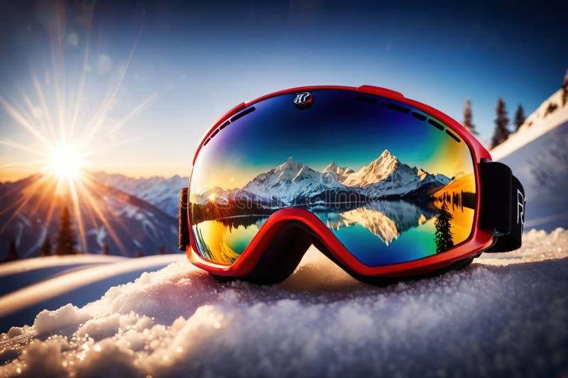 Ski Goggles with Reflection of Mountains. Winter Ski Theme Stock ...
