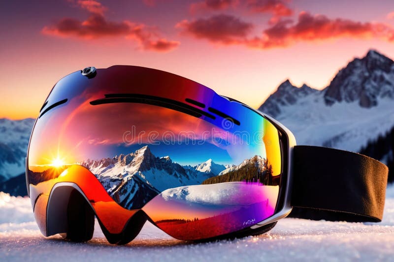 Ski Goggles with Reflection of Mountains. Winter Ski Theme Stock ...